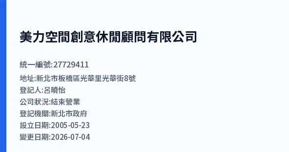美力空間創意休閒顧問有限公司的照片-統編 27729411(新北市) 公司登記資料與營業項目詳細圖表