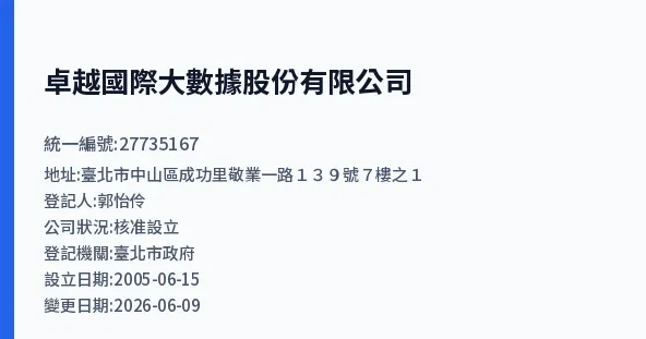 卓越國際大數據股份有限公司的照片-統編 27735167(臺北市) 公司登記資料與營業項目詳細圖表