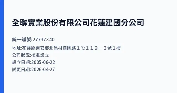 全聯實業股份有限公司花蓮建國分公司的照片-統編 27737340(花蓮縣) 公司登記資料與營業項目詳細圖表