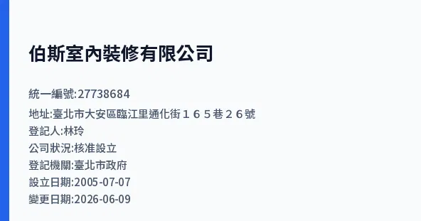 伯斯室內裝修有限公司的照片-統編 27738684(臺北市) 公司登記資料與營業項目詳細圖表