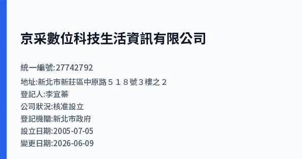 京采數位科技生活資訊有限公司的照片-統編 27742792(新北市) 公司登記資料與營業項目詳細圖表