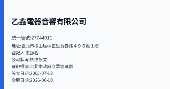 乙鑫電器音響有限公司的照片-統編 27744911(臺北市) 公司登記資料與營業項目詳細圖表