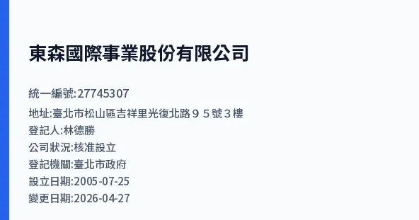 東森國際事業股份有限公司的照片-統編 27745307(臺北市) 公司登記資料與營業項目詳細圖表