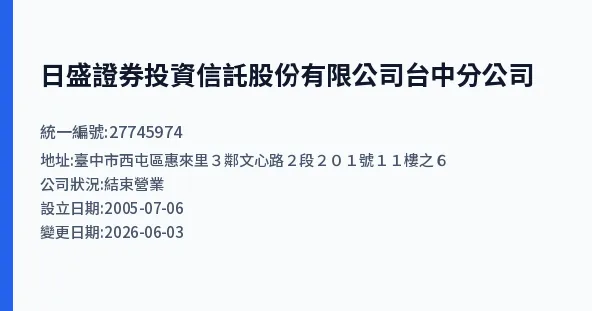 日盛證券投資信託股份有限公司台中分公司的照片-統編 27745974(臺中市) 公司登記資料與營業項目詳細圖表