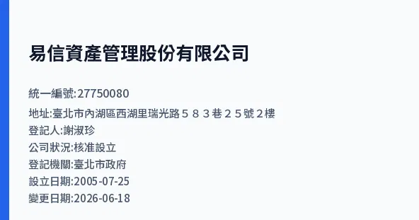 易信資產管理股份有限公司的照片-統編 27750080(臺北市) 公司登記資料與營業項目詳細圖表