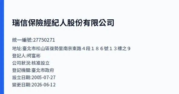 瑞信保險經紀人股份有限公司的照片-統編 27750271(臺北市) 公司登記資料與營業項目詳細圖表