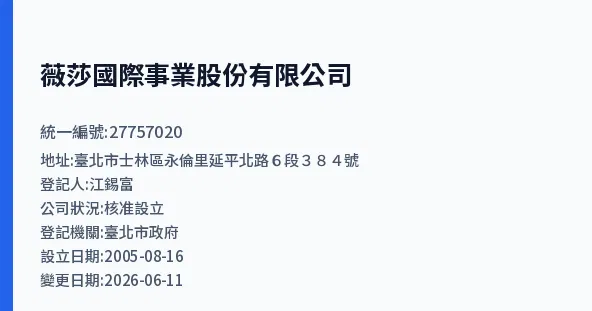 薇莎國際事業股份有限公司的照片-統編 27757020(臺北市) 公司登記資料與營業項目詳細圖表