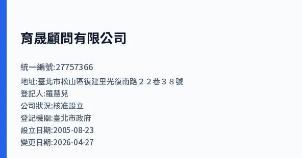 育晟顧問有限公司的照片-統編 27757366(臺北市) 公司登記資料與營業項目詳細圖表