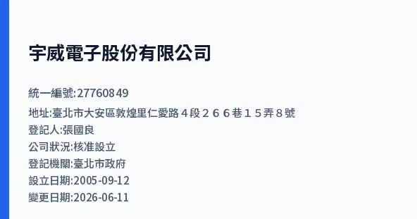 宇威電子股份有限公司的照片-統編 27760849(臺北市) 公司登記資料與營業項目詳細圖表