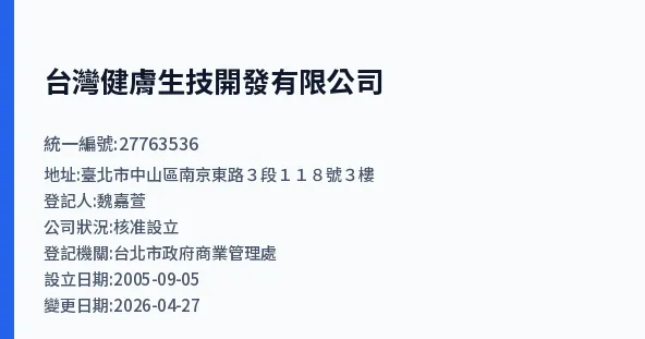 台灣健膚生技開發有限公司的照片-統編 27763536(臺北市) 公司登記資料與營業項目詳細圖表