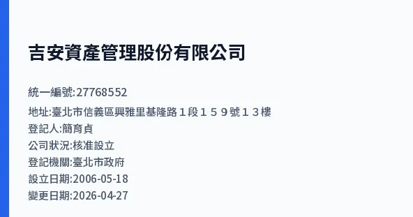 吉安資產管理股份有限公司的照片-統編 27768552(臺北市) 公司登記資料與營業項目詳細圖表