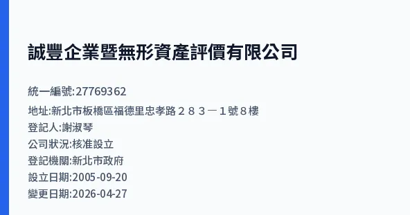 誠豐企業暨無形資產評價有限公司的照片-統編 27769362(新北市) 公司登記資料與營業項目詳細圖表