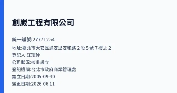 創崴工程有限公司的照片-統編 27771254(臺北市) 公司登記資料與營業項目詳細圖表