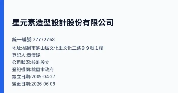 星元素造型設計股份有限公司的照片-統編 27772768(桃園市) 公司登記資料與營業項目詳細圖表