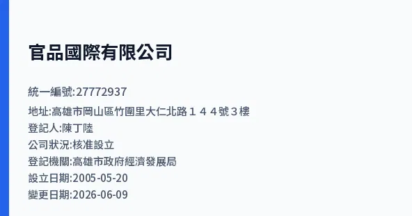 官品國際有限公司的照片-統編 27772937(高雄市) 公司登記資料與營業項目詳細圖表