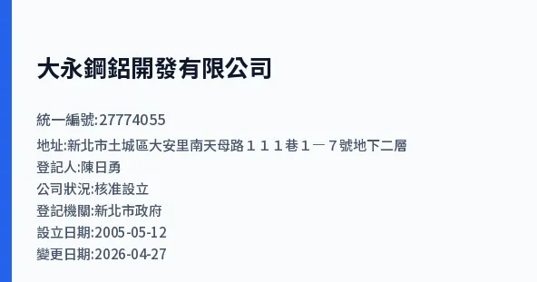 大永鋼鋁開發有限公司的照片-統編 27774055(新北市) 公司登記資料與營業項目詳細圖表