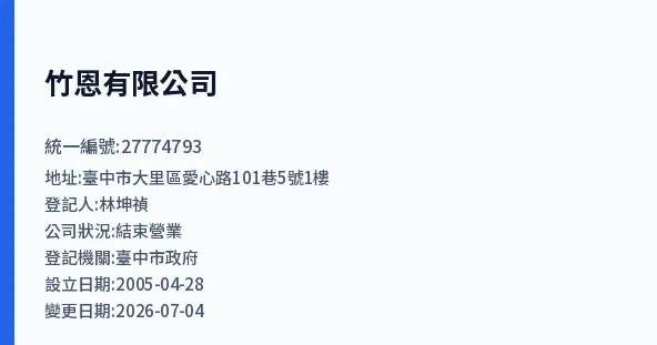 竹恩有限公司的照片-統編 27774793(臺中市) 公司登記資料與營業項目詳細圖表