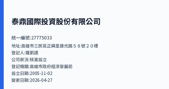 泰鼎國際投資股份有限公司的照片-統編 27775033(高雄市) 公司登記資料與營業項目詳細圖表