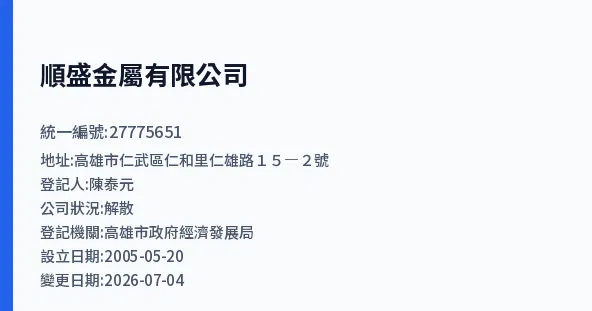 順盛金屬有限公司的照片-統編 27775651(高雄市) 公司登記資料與營業項目詳細圖表