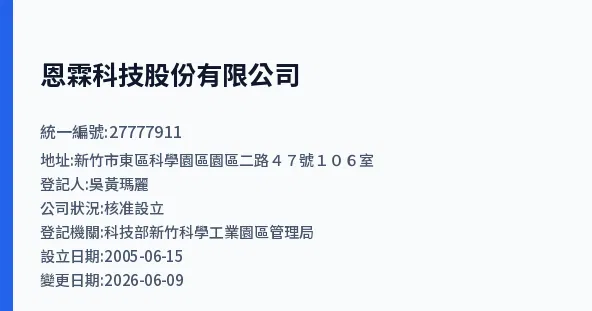 恩霖科技股份有限公司的照片-統編 27777911(新竹市) 公司登記資料與營業項目詳細圖表