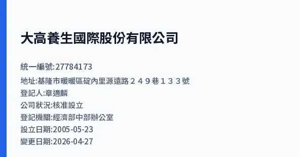大高養生國際股份有限公司的照片-統編 27784173(基隆市) 公司登記資料與營業項目詳細圖表