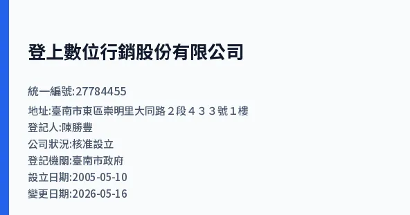 登上數位行銷股份有限公司的照片-統編 27784455(臺南市) 公司登記資料與營業項目詳細圖表