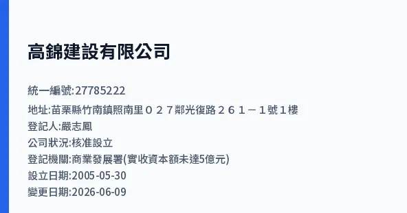 高錦建設有限公司的照片-統編 27785222(苗栗縣) 公司登記資料與營業項目詳細圖表