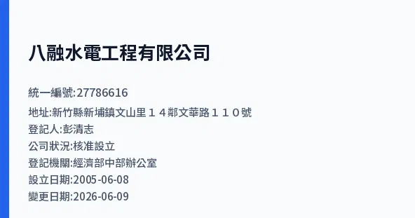八融水電工程有限公司的照片-統編 27786616(新竹縣) 公司登記資料與營業項目詳細圖表