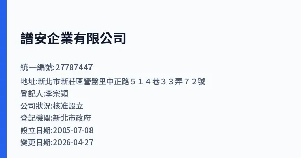 譜安企業有限公司的照片-統編 27787447(新北市) 公司登記資料與營業項目詳細圖表