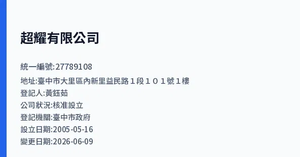 超耀有限公司的照片-統編 27789108(臺中市) 公司登記資料與營業項目詳細圖表