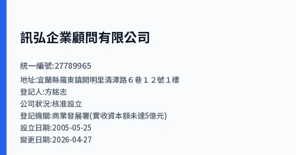 訊弘企業顧問有限公司的照片-統編 27789965(宜蘭縣) 公司登記資料與營業項目詳細圖表