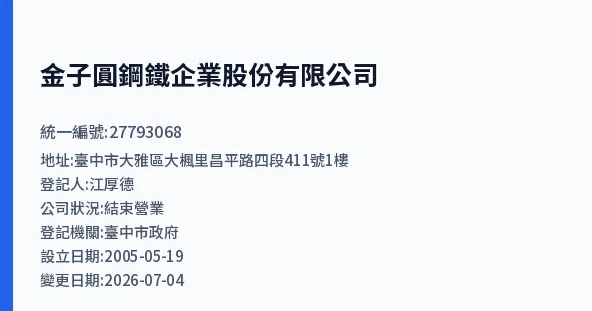 金子圓鋼鐵企業股份有限公司的照片-統編 27793068(臺中市) 公司登記資料與營業項目詳細圖表