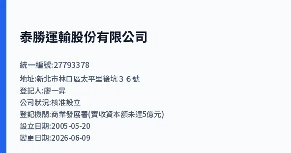 泰勝運輸股份有限公司的照片-統編 27793378(新北市) 公司登記資料與營業項目詳細圖表
