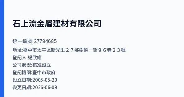 石上流金屬建材有限公司的照片-統編 27794685(臺中市) 公司登記資料與營業項目詳細圖表