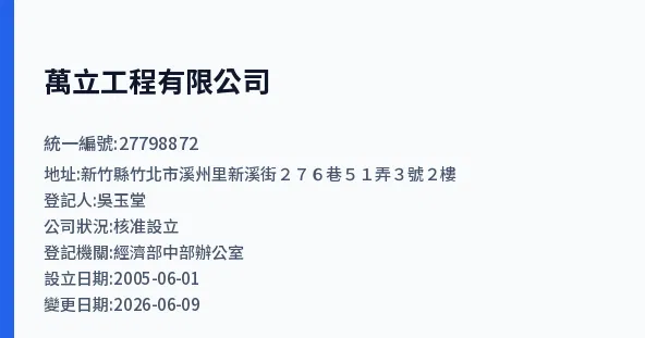 萬立工程有限公司的照片-統編 27798872(新竹縣) 公司登記資料與營業項目詳細圖表