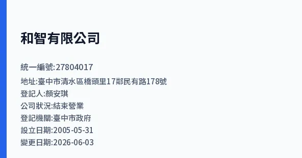 和智有限公司的照片-統編 27804017(臺中市) 公司登記資料與營業項目詳細圖表