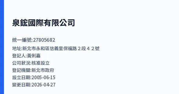 泉鋐國際有限公司的照片-統編 27805682(新北市) 公司登記資料與營業項目詳細圖表