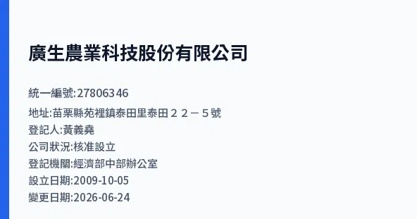 廣生農業科技股份有限公司的照片-統編 27806346(苗栗縣) 公司登記資料與營業項目詳細圖表