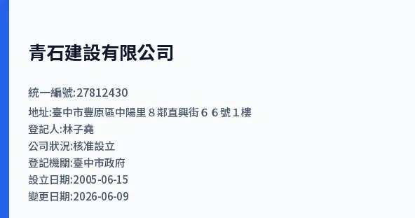 青石建設有限公司的照片-統編 27812430(臺中市) 公司登記資料與營業項目詳細圖表