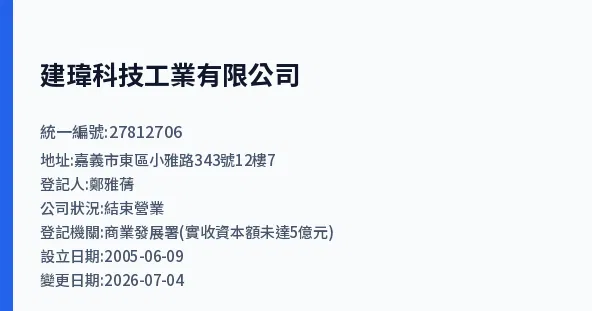建瑋科技工業有限公司的照片-統編 27812706(嘉義市) 公司登記資料與營業項目詳細圖表