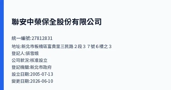 聯安中榮保全股份有限公司的照片-統編 27812831(新北市) 公司登記資料與營業項目詳細圖表