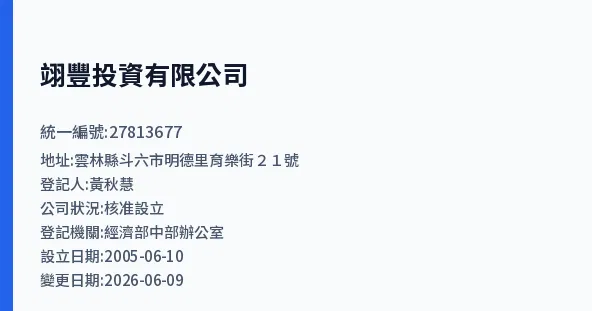 翊豐投資有限公司的照片-統編 27813677(雲林縣) 公司登記資料與營業項目詳細圖表