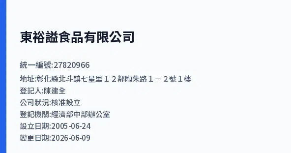 東裕謚食品有限公司的照片-統編 27820966(彰化縣) 公司登記資料與營業項目詳細圖表