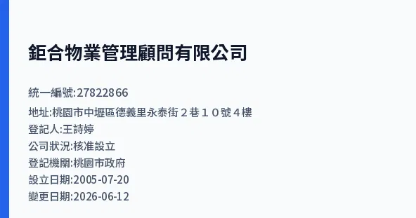 鉅合物業管理顧問有限公司的照片-統編 27822866(桃園市) 公司登記資料與營業項目詳細圖表