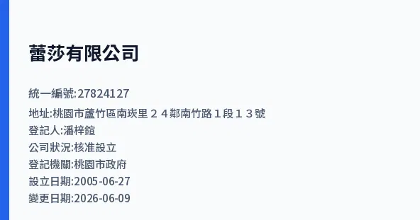 蕾莎有限公司的照片-統編 27824127(桃園市) 公司登記資料與營業項目詳細圖表