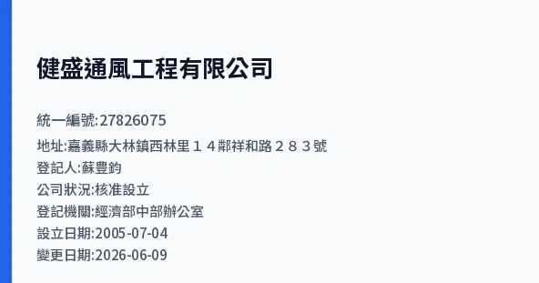 健盛通風工程有限公司的照片-統編 27826075(嘉義縣) 公司登記資料與營業項目詳細圖表