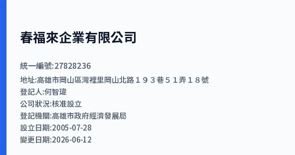 春福來企業有限公司的照片-統編 27828236(高雄市) 公司登記資料與營業項目詳細圖表
