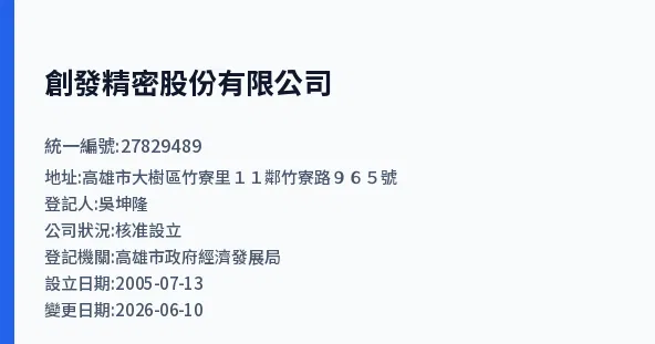 創發精密股份有限公司的照片-統編 27829489(高雄市) 公司登記資料與營業項目詳細圖表