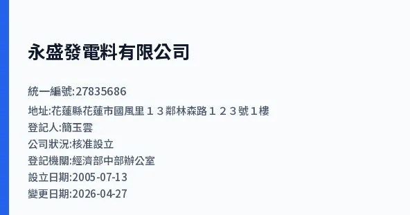 永盛發電料有限公司的照片-統編 27835686(花蓮縣) 公司登記資料與營業項目詳細圖表
