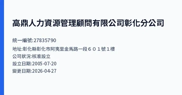 高鼎人力資源管理顧問有限公司彰化分公司的照片-統編 27835790(彰化縣) 公司登記資料與營業項目詳細圖表
